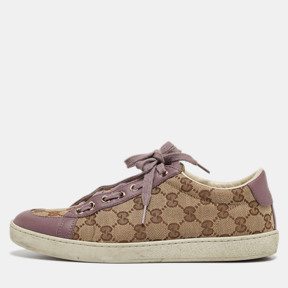 Gucci | Shoes | Gucci Purplebeige Leather And Guccissima Canvas Low Top ...